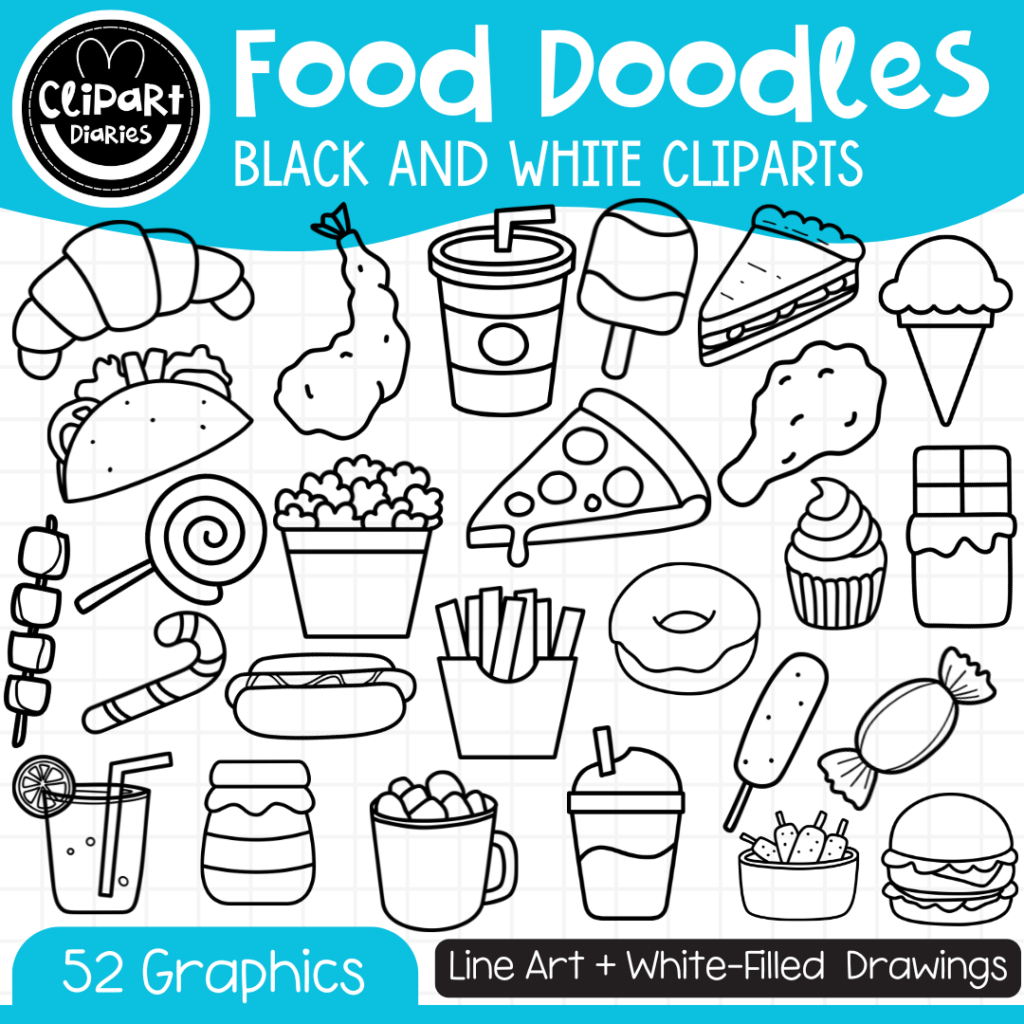 Food Symbols, Doodles, Line Art Drawings, Black and White, PNG Cliparts ...